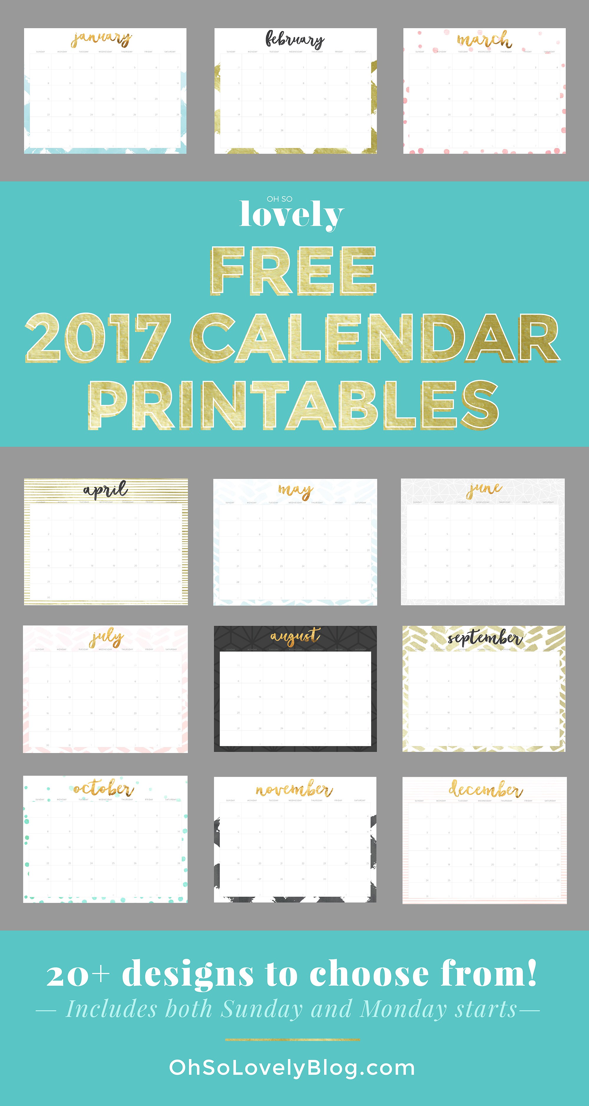 6 FREE 2017 Monthly Calendars + Christmas Break - A Pretty Fix